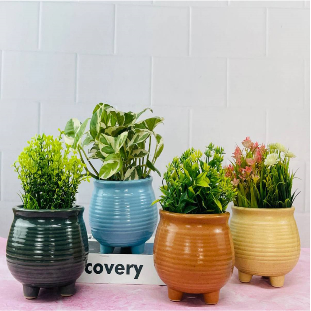 Round Textured Ceramic Pot for Indoor Plants - Decorative Plant Pot